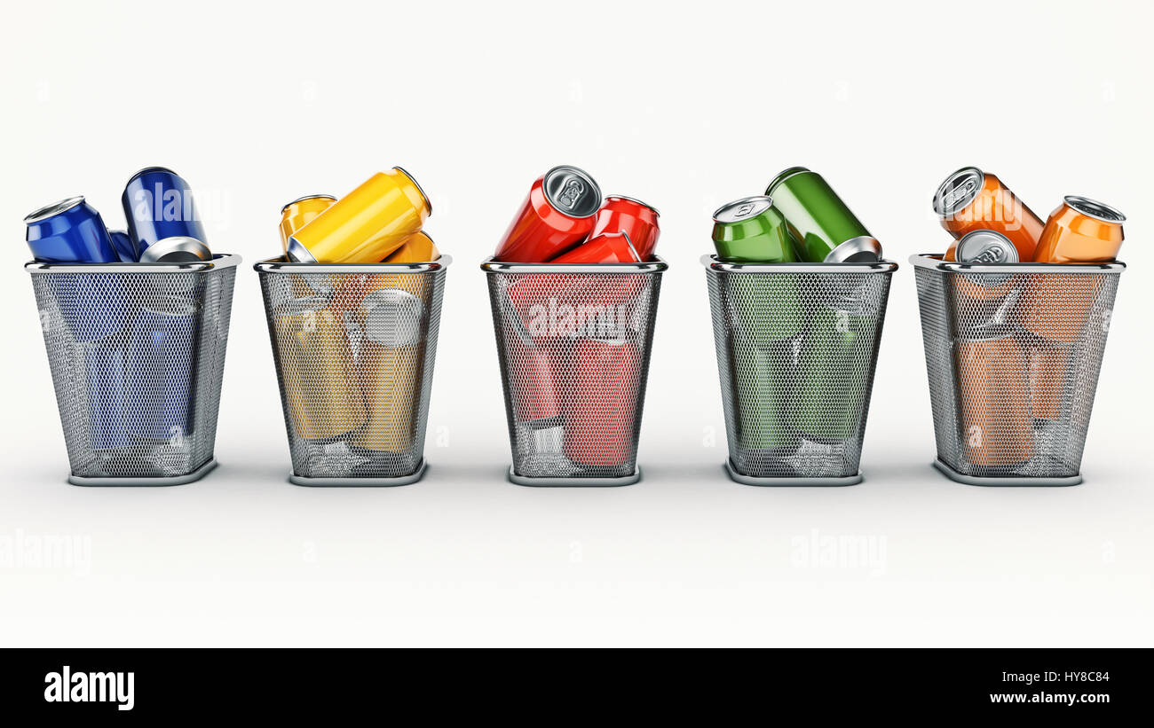 Recycling concept: drink cans in the trash bin. 3d rendering Stock ...