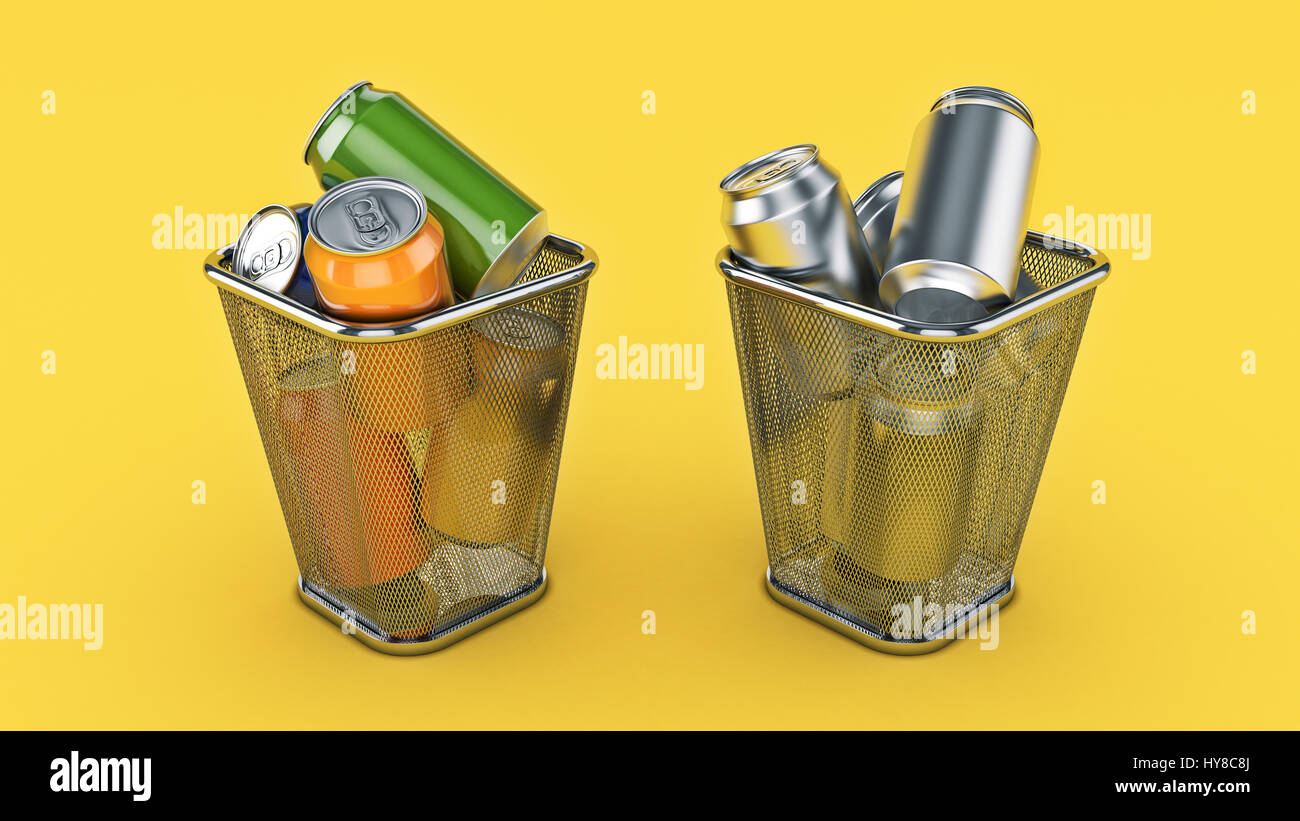 Recycling concept: drink cans in the trash bin. 3d rendering Stock ...