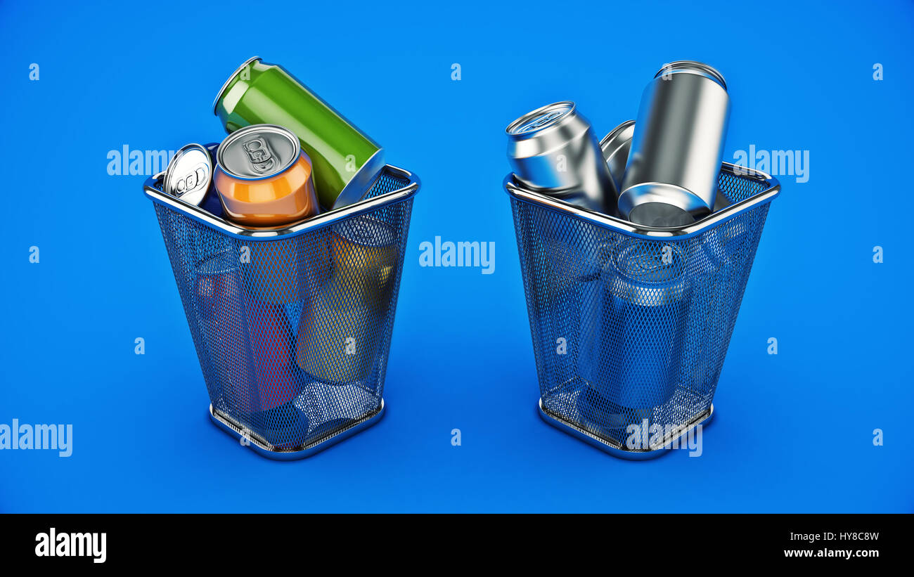 Recycling concept: drink cans in the trash bin. 3d rendering Stock ...