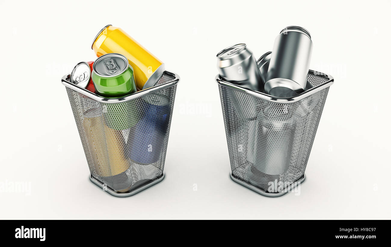 Recycling concept: drink cans in the trash bin. 3d rendering Stock ...