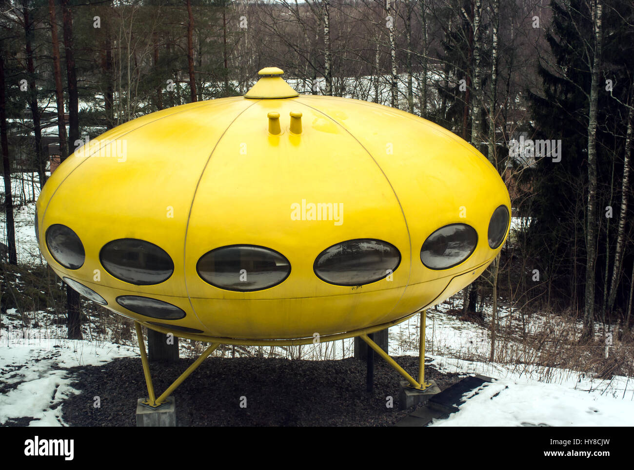 Yellow Futuro House outside the Espoo Museum of Modern Art.in Finland ...