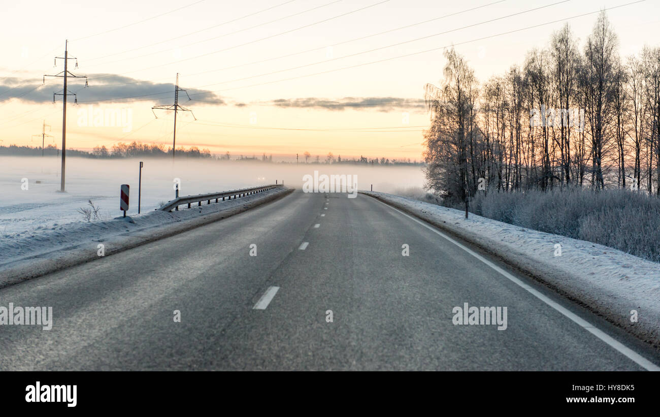 empty road in the countryside with trees in surrounding. perspective in ...