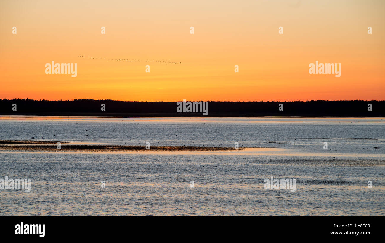 beautiful sunrise over country lake with orange clouds and reflections ...