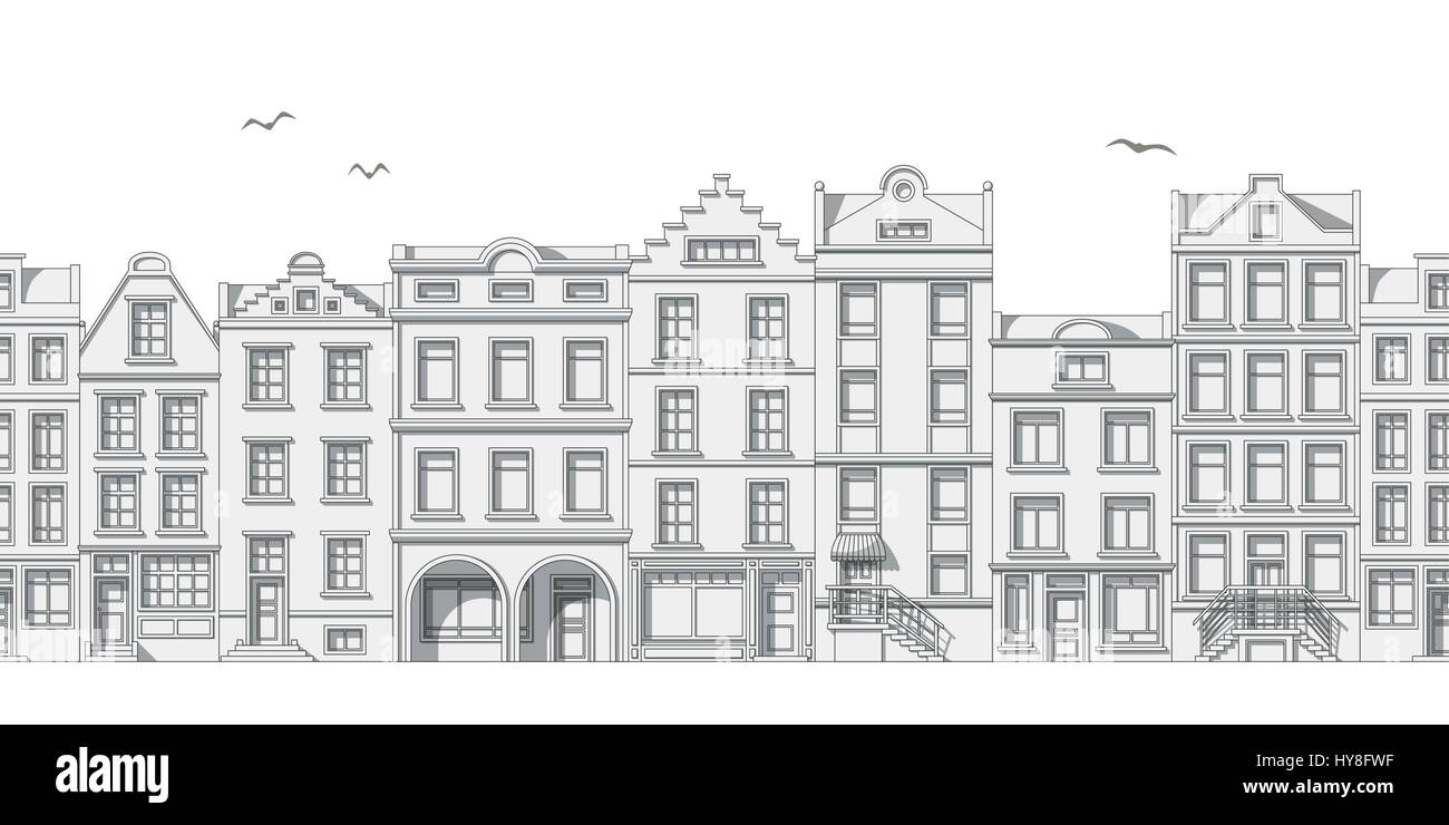 Seamless cityscape cartoon background, thin line Stock Vector Image ...