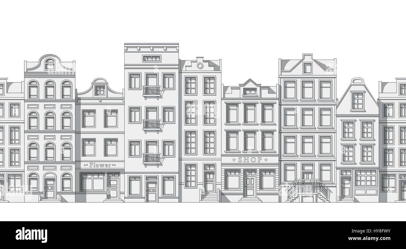 Seamless thin line cityscape background with classic houses Stock ...