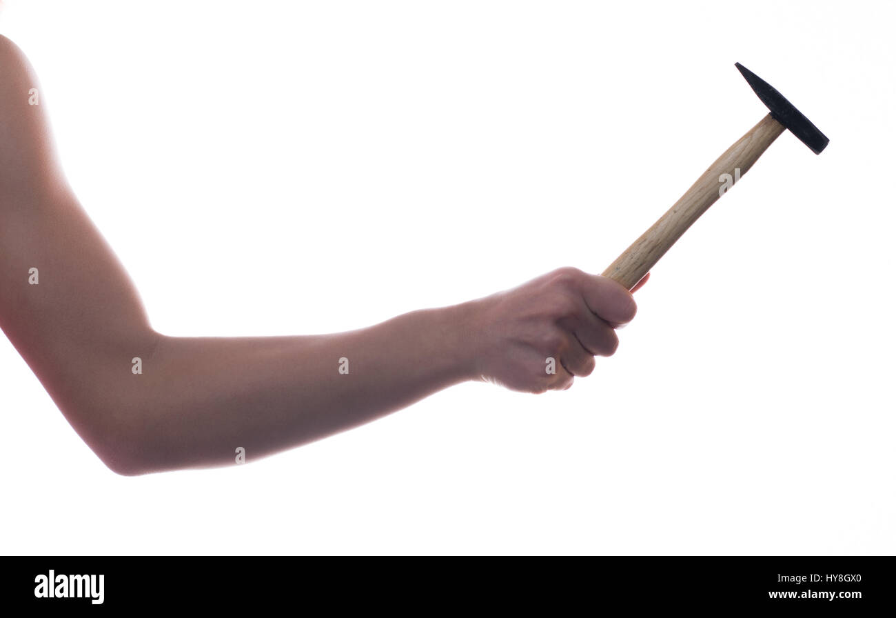 Close up photo of a woman or teenage girl using a hammer, isolated on a ...