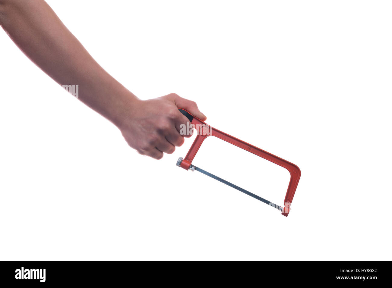 Close up photo of a woman holding a saw, isolated on a white background ...