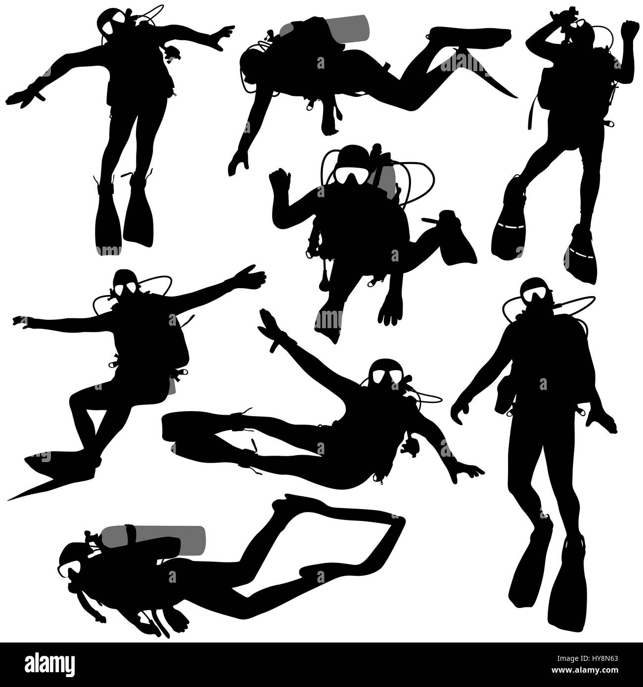 Set black silhouette scuba divers. illustration Stock Photo - Alamy