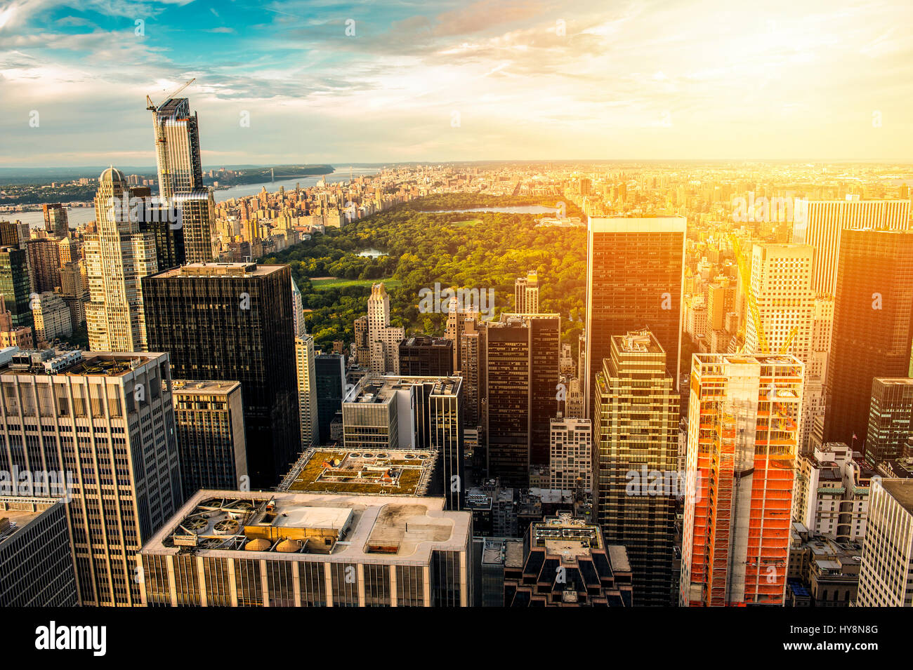 Central Park aerial view, Manhattan, New York at sunset; Park is ...