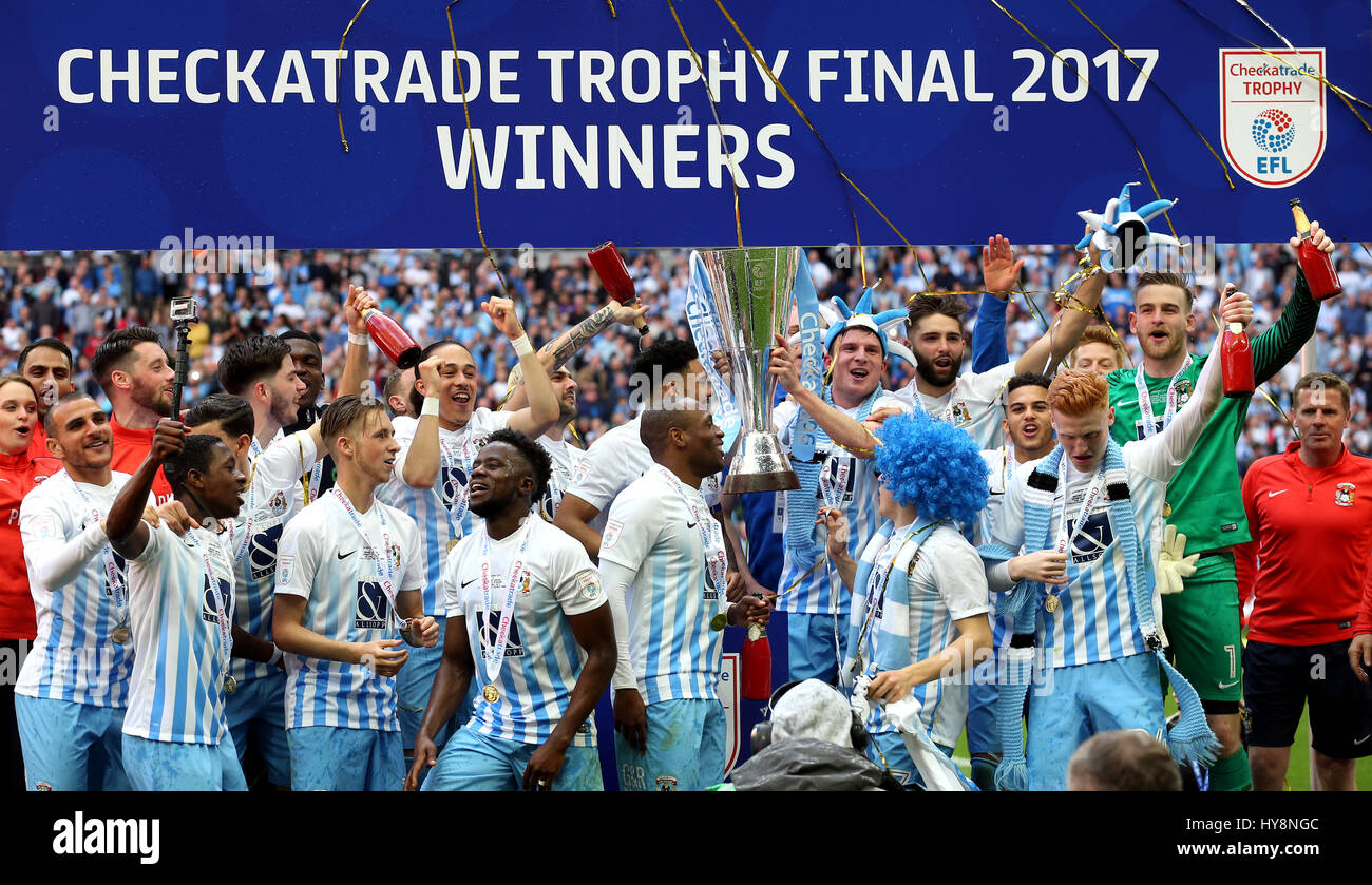 Coventry City players celebrate after winning the Checkatrade Trophy ...
