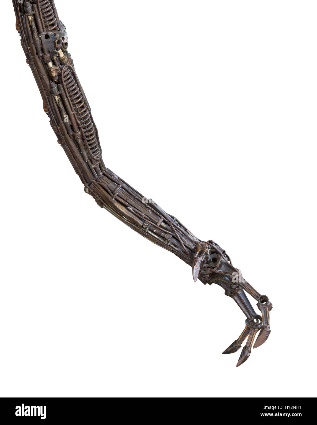 Closeup Arm of metallic robot made from auto parts with machinery gears ...