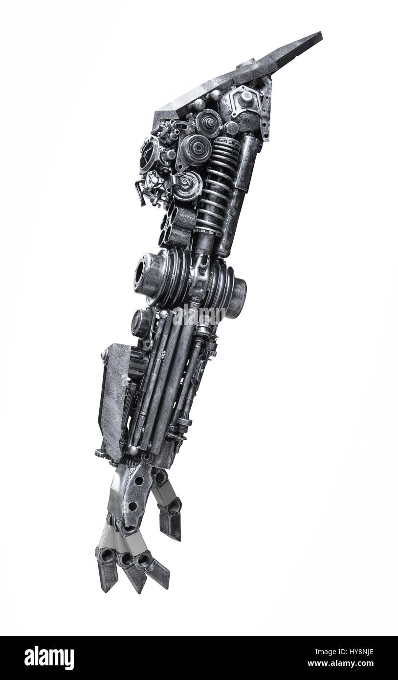 Rear view metallic robot hand made from machine part isolated on white ...