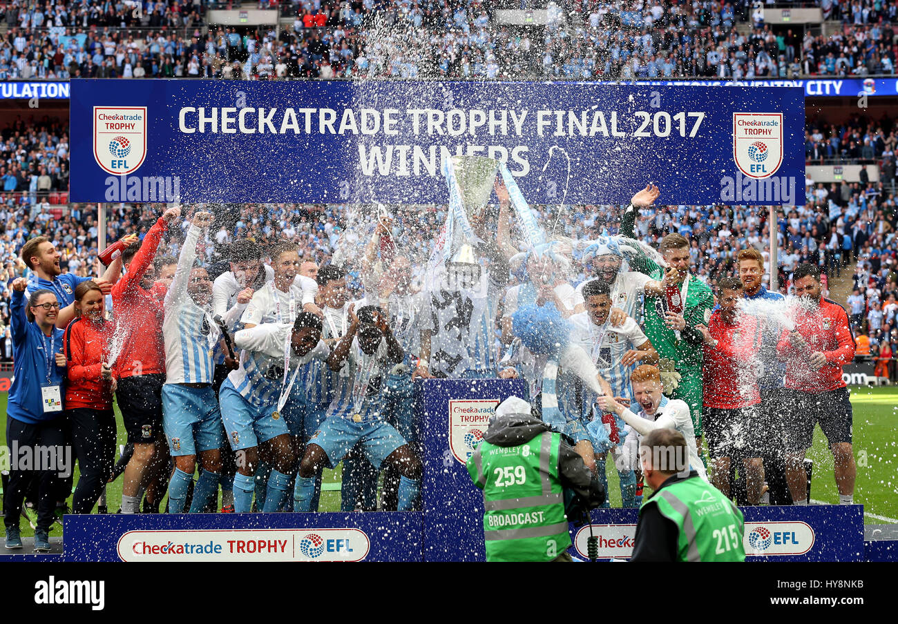 Coventry City players celebrate after winning the Checkatrade Trophy ...