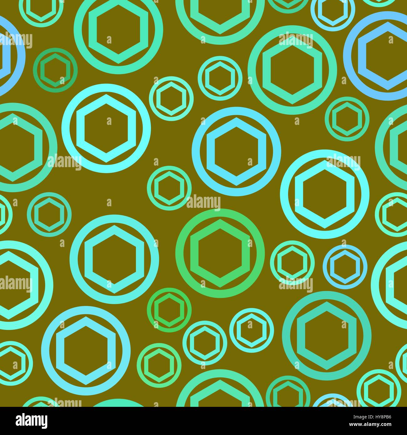 vector seamless pattern - blue hexagon and circles on olive background ...
