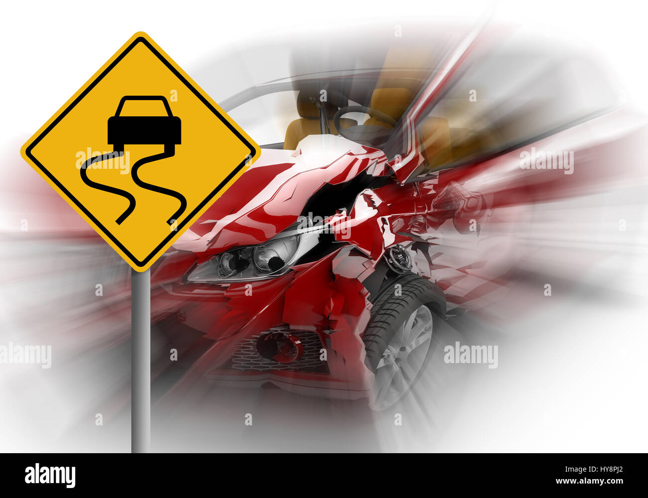 Red car accident with danger yellow sign in front: 3D illustration ...