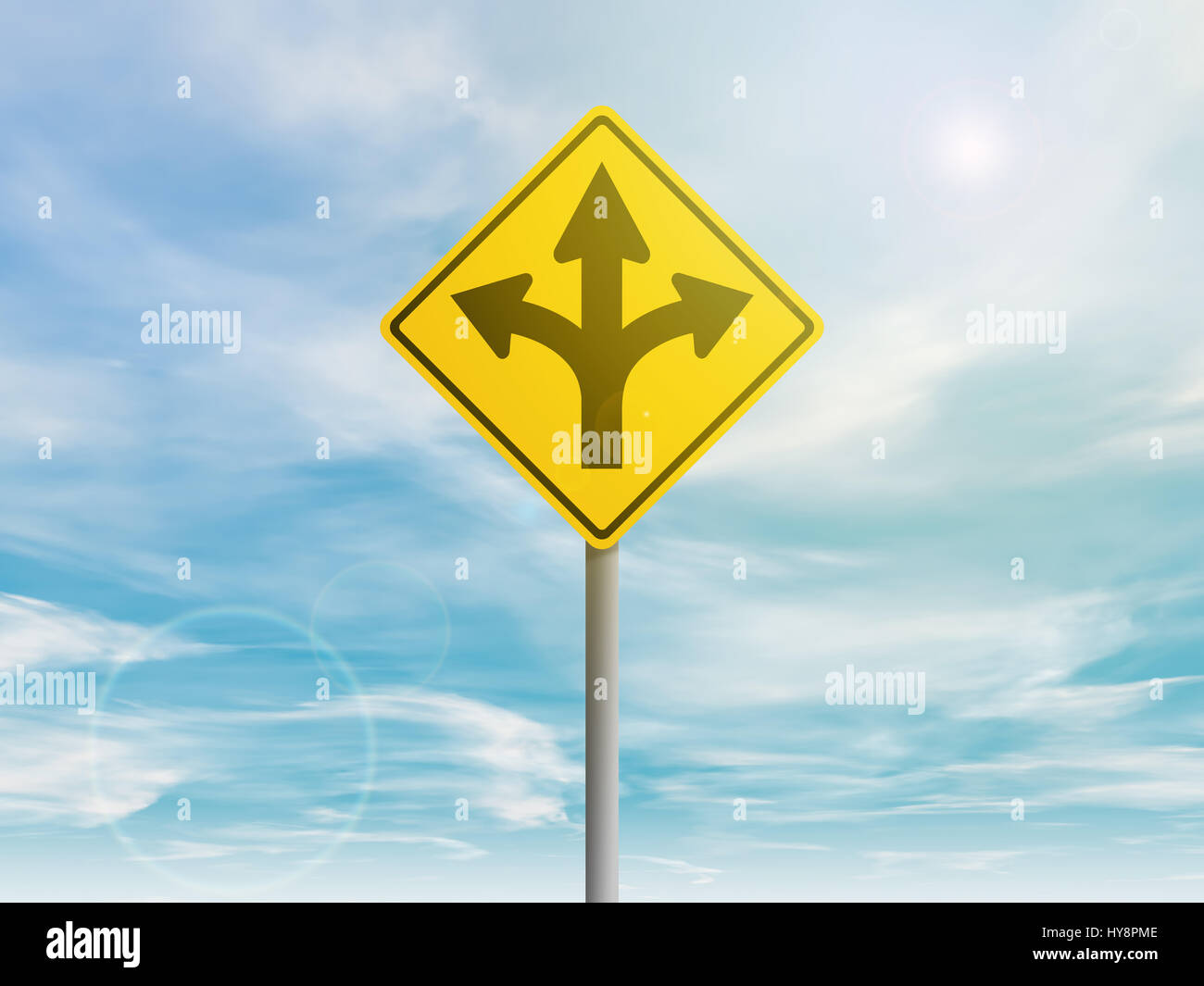 Illustration of yellow street sign with direction arrows on bright sky ...