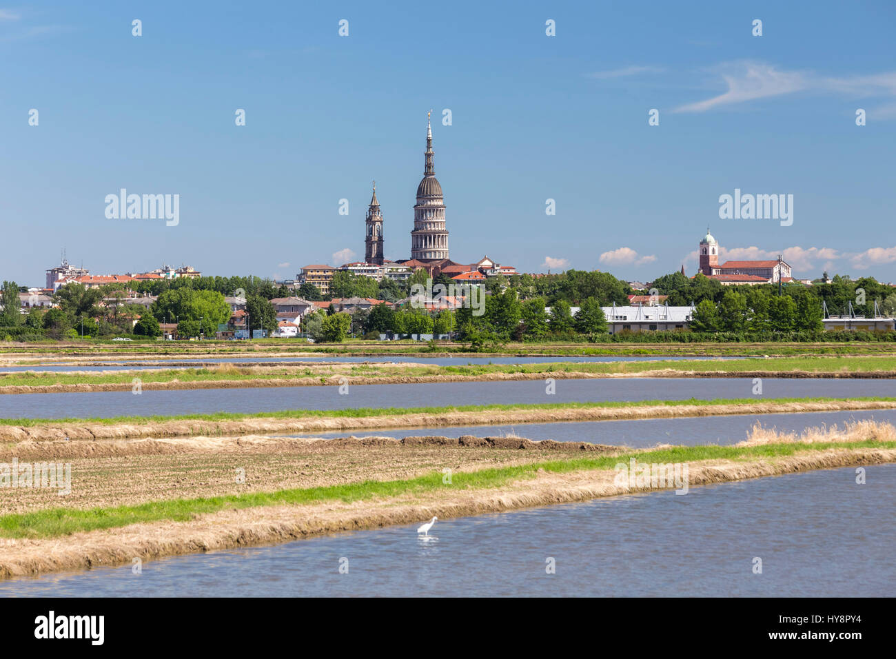 The dome of San Gaudenzio from the paddies surrounding Novara, Piemonte ...