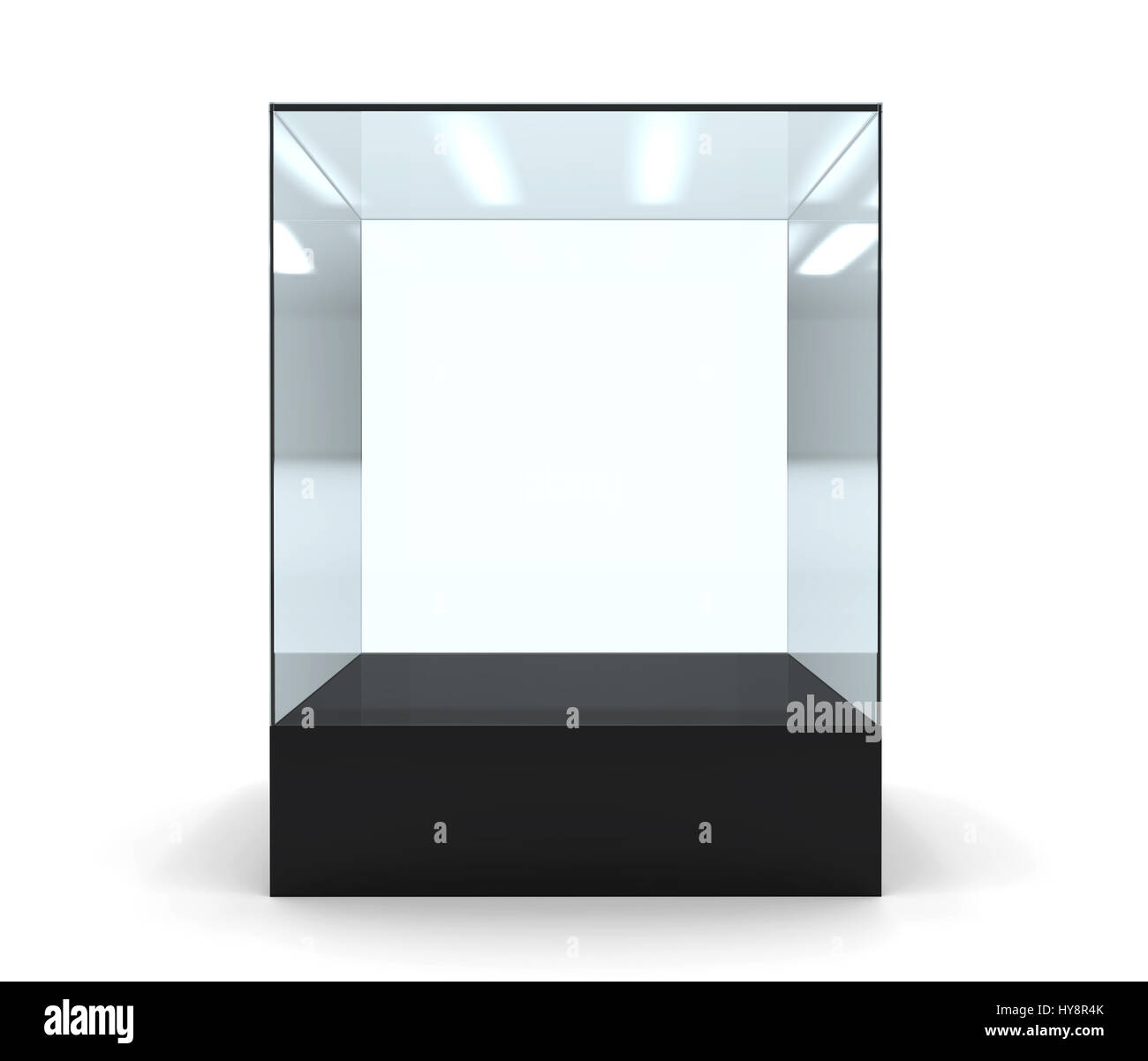 3D illustration of empty glass showcase in front on a white background ...