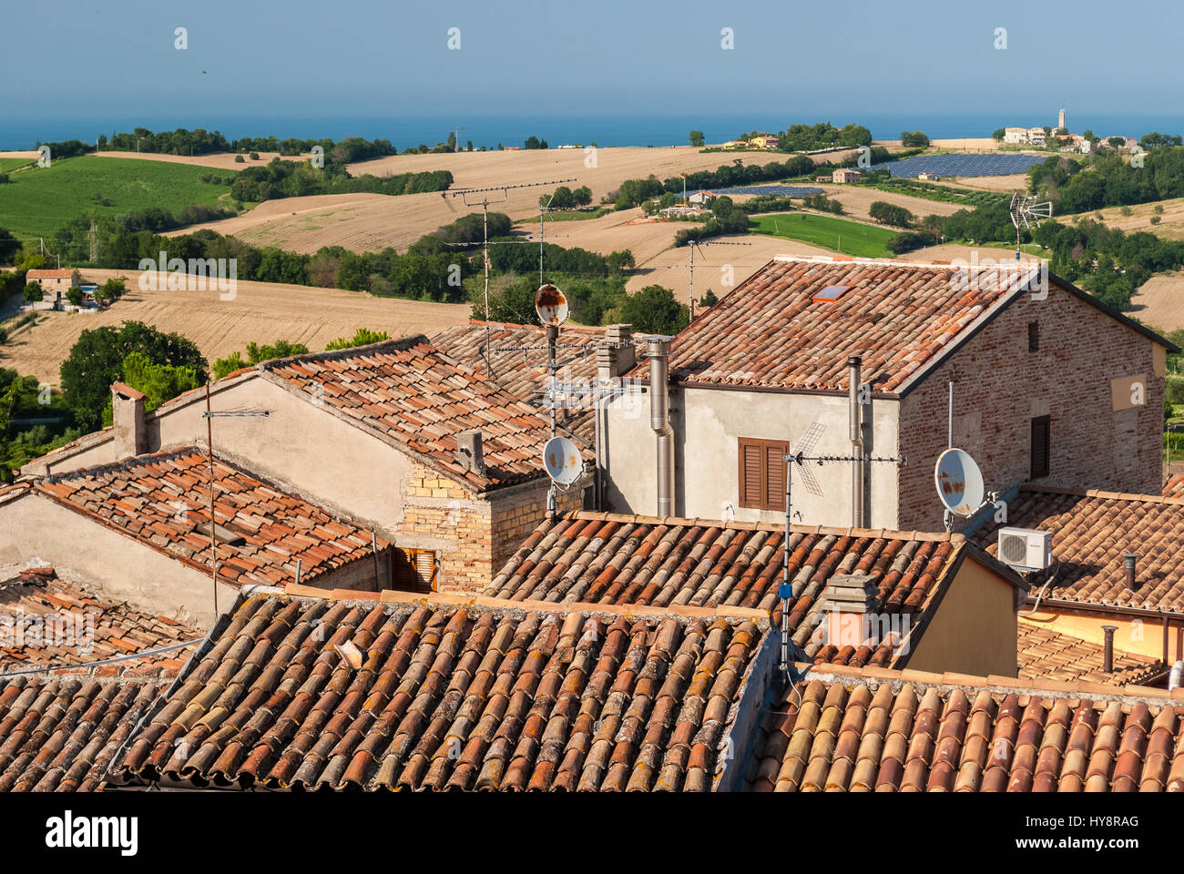 Roofs of ancient houses in the town of Mondolfo, near Pesaro (Marche ...