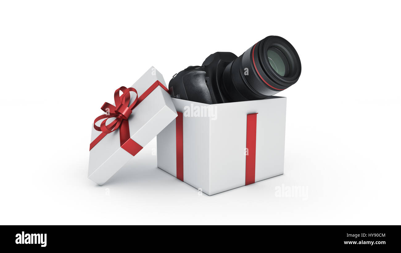 Photo camera in gift box, Gift box concept. 3d rendering Stock Photo ...