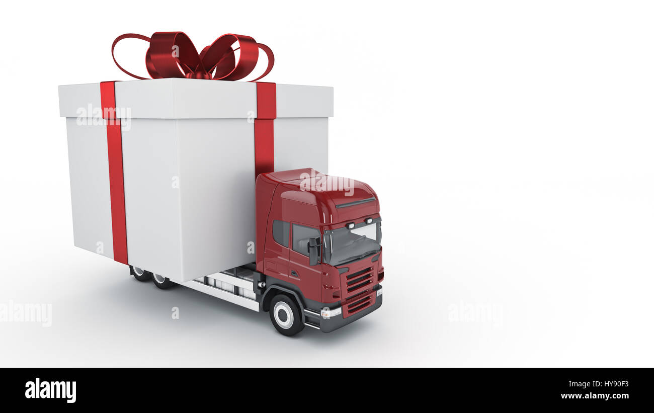 Presents delivery service concept, truck with a gift box. 3d rendering ...