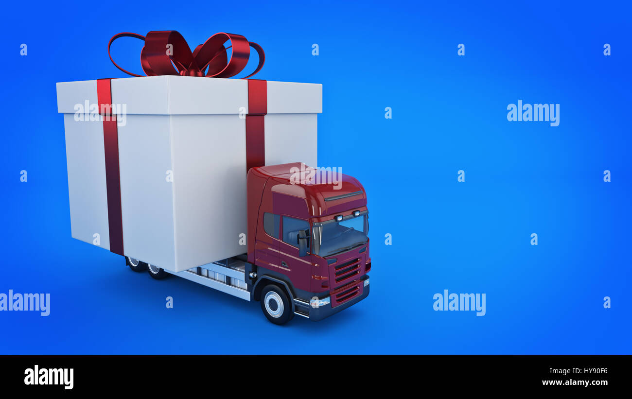 Presents delivery service concept, truck with a gift box. 3d rendering ...