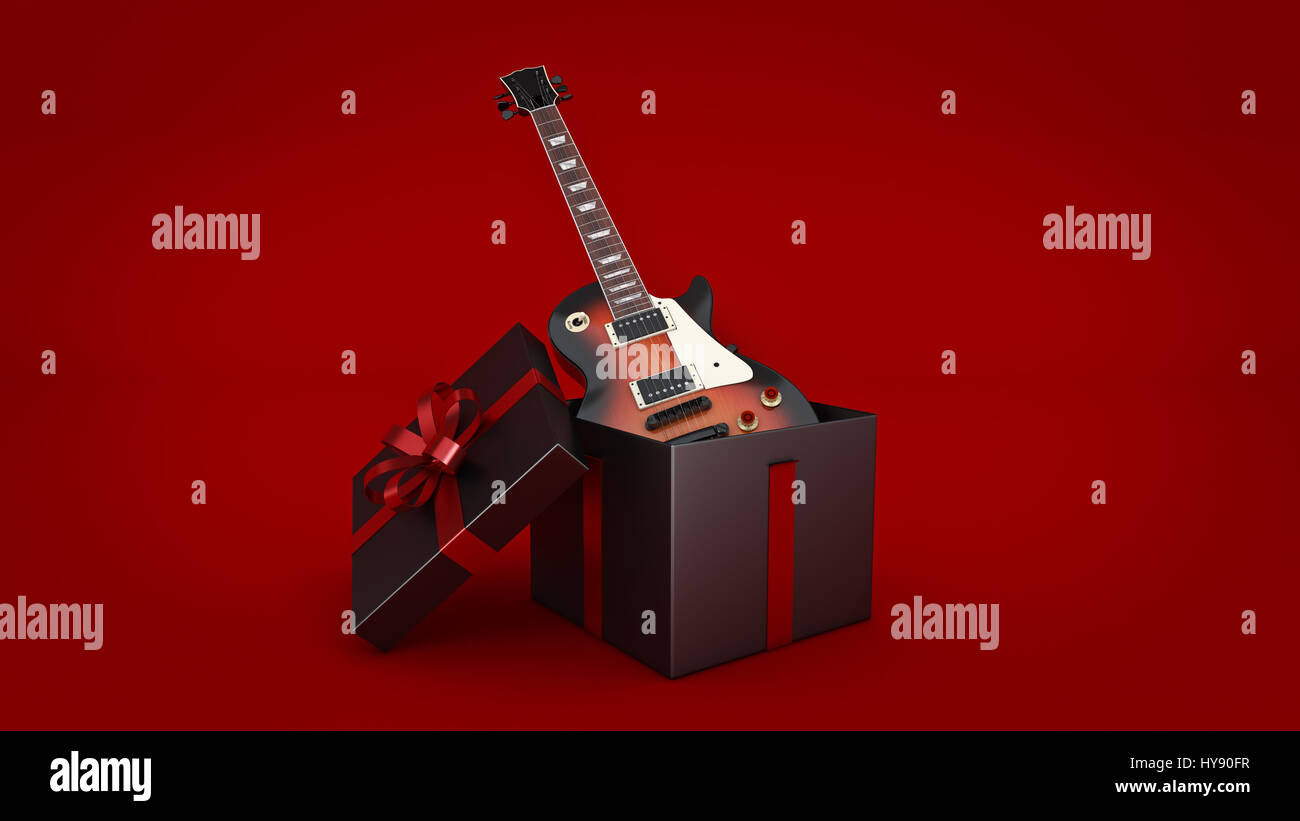 Electric guitar. Gift box concept. 3D rendering Stock Photo - Alamy