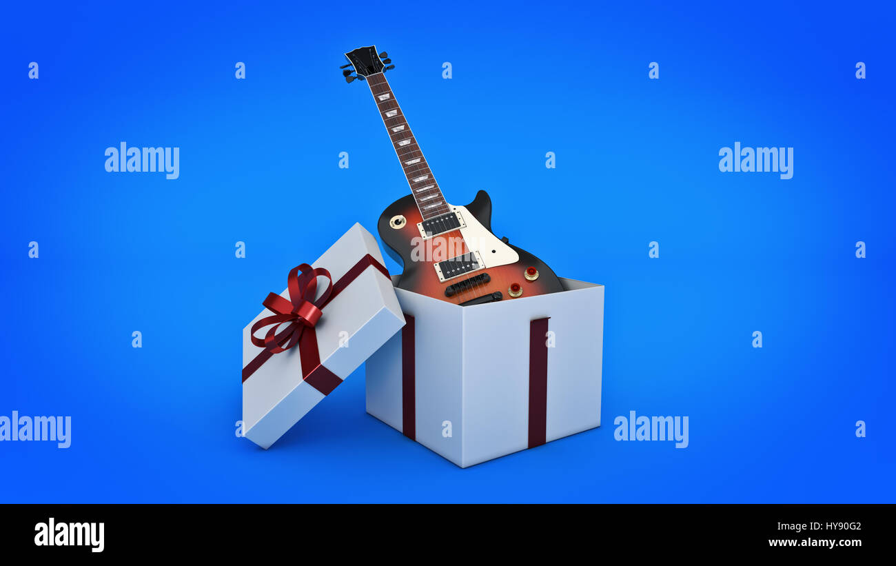 Electric guitar. Gift box concept. 3D rendering Stock Photo - Alamy