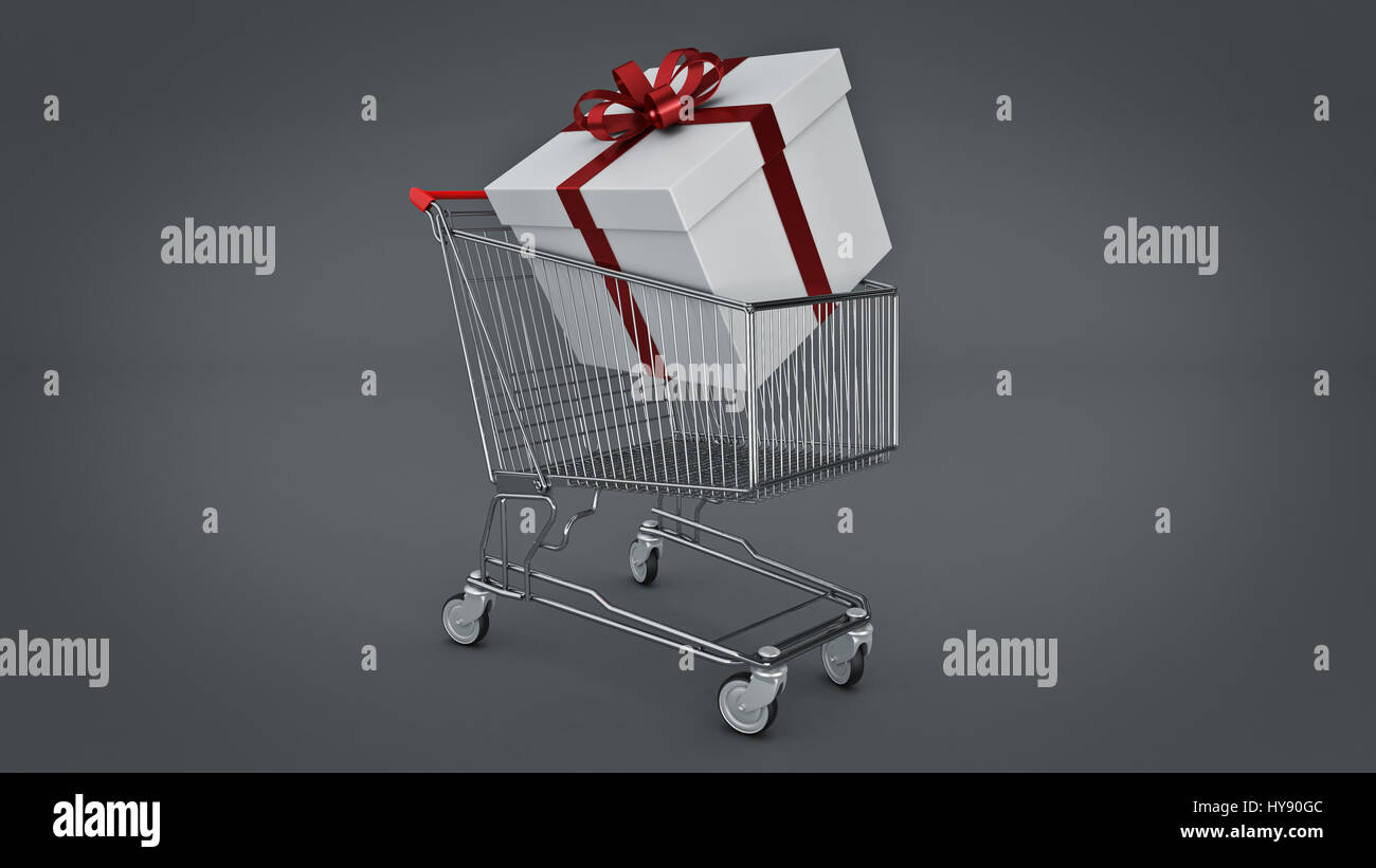 Shopping cart and gift box. Gift box concept. 3D rendering Stock Photo ...