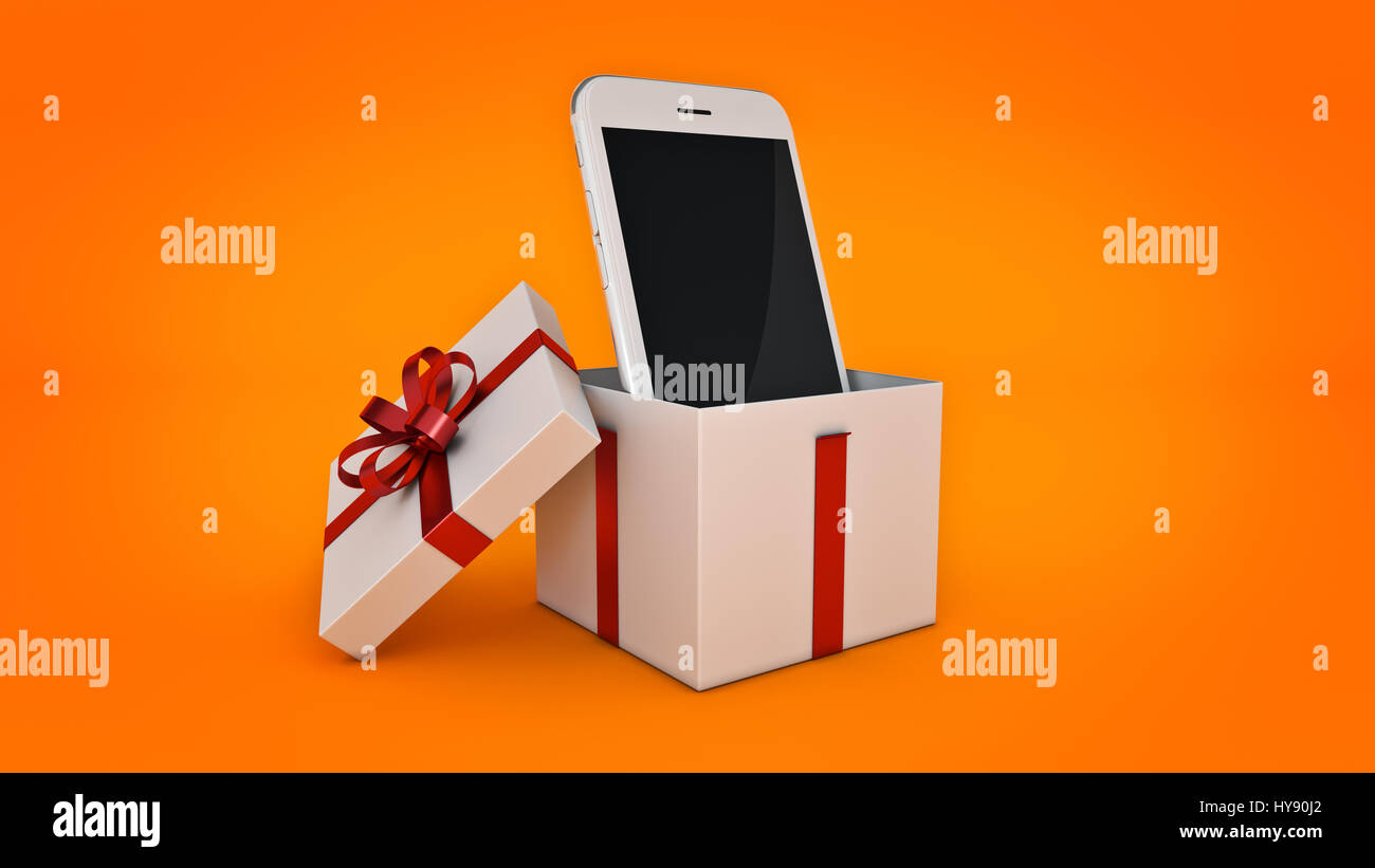 Smartphone. Gift box concept. 3D rendering Stock Photo - Alamy