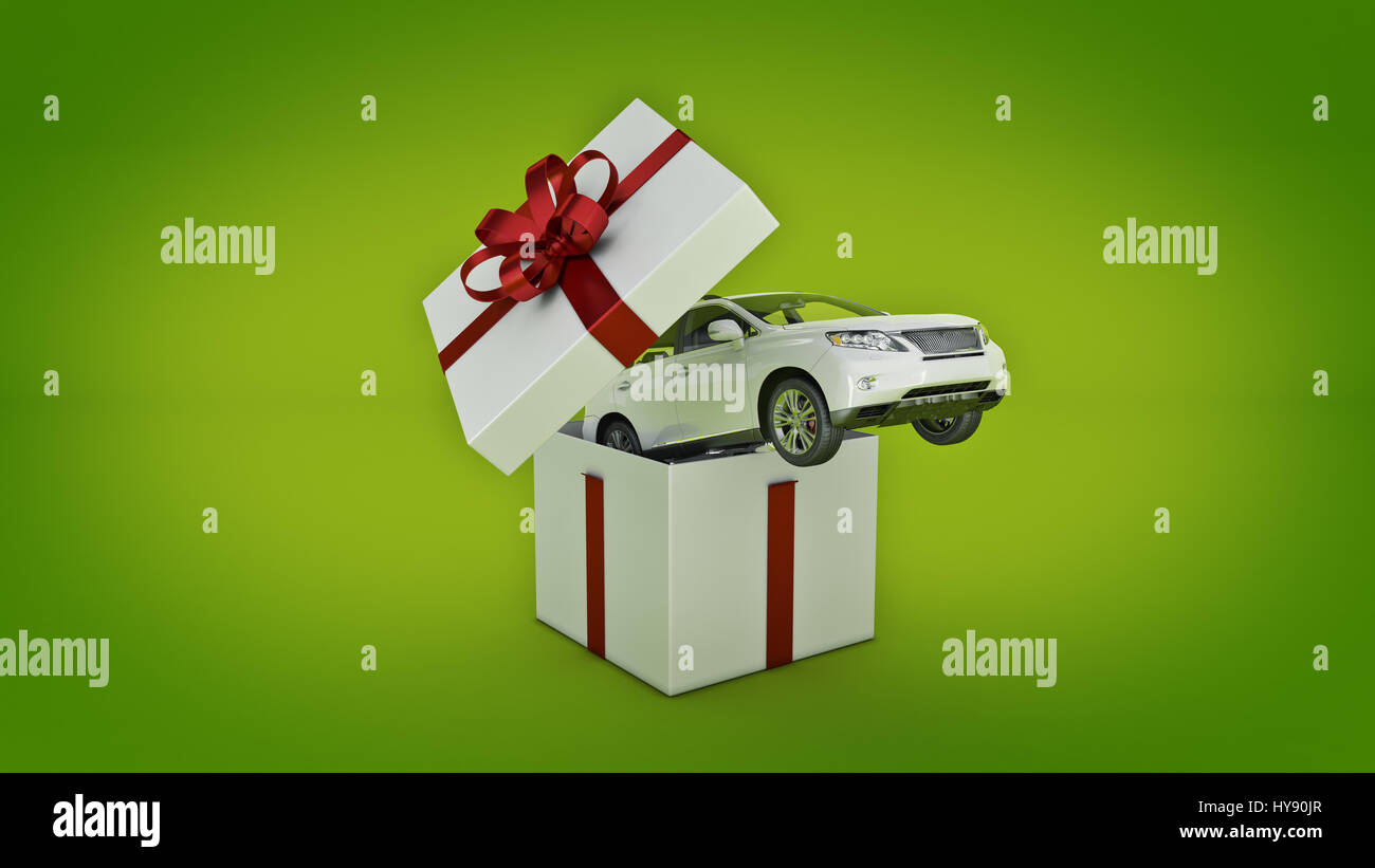 car SUV coupe. Gift box concept. 3D rendering Stock Photo - Alamy