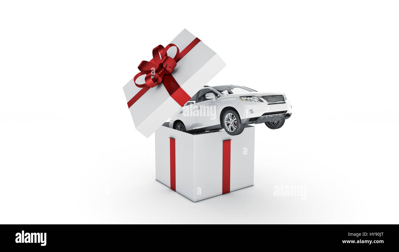 car SUV coupe. Gift box concept. 3D rendering Stock Photo - Alamy
