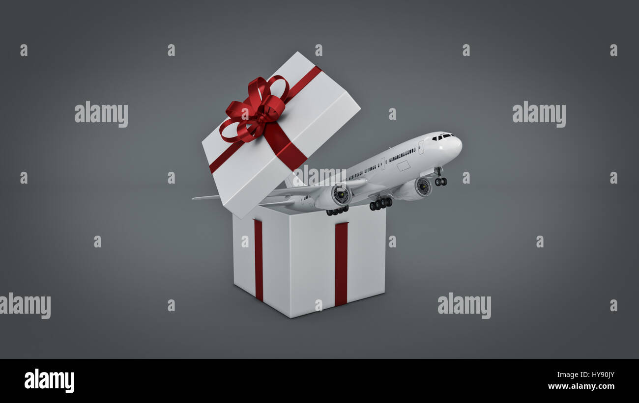 Airplane. Gift box concept. 3D rendering Stock Photo - Alamy