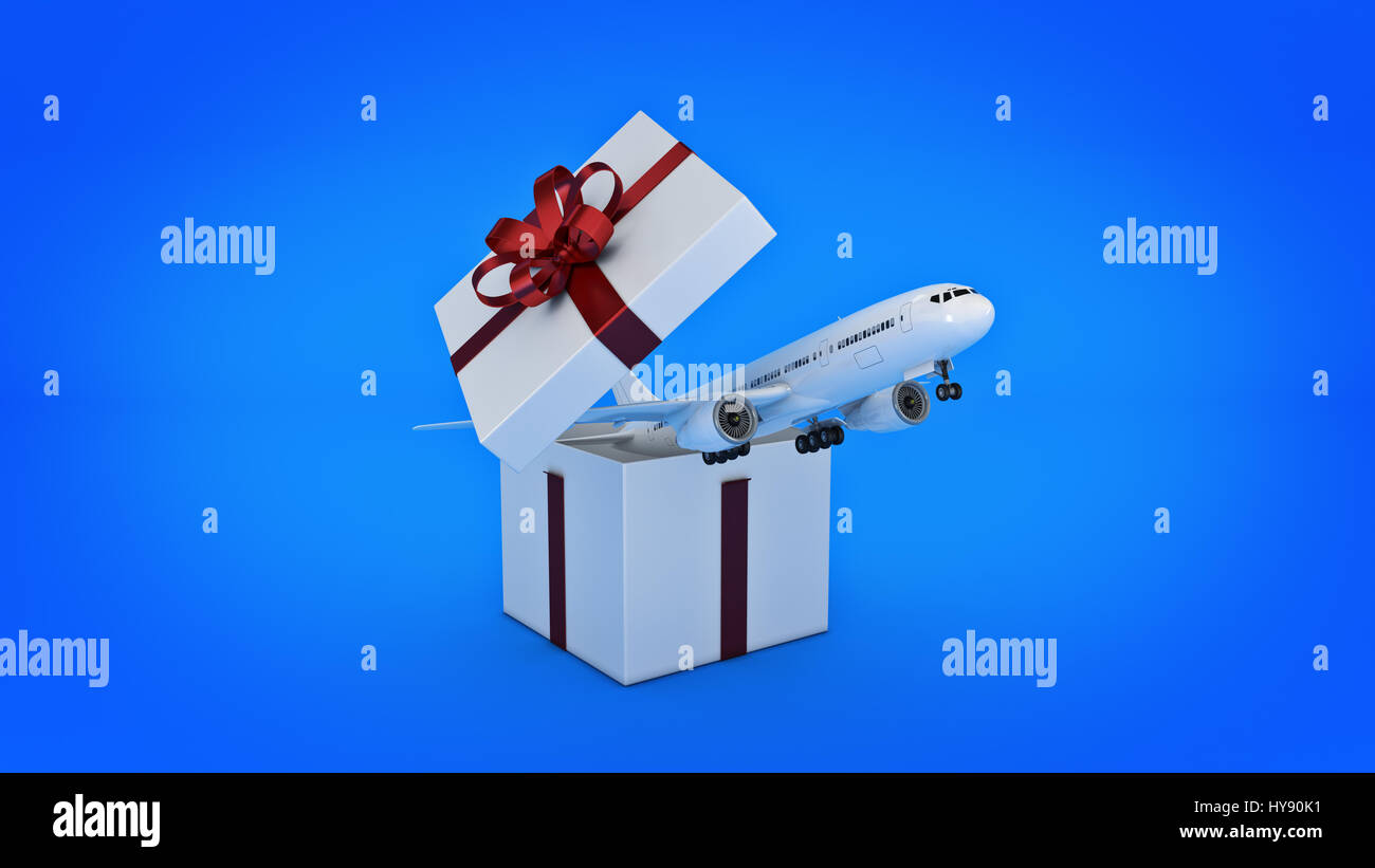 Airplane. Gift box concept. 3D rendering Stock Photo - Alamy