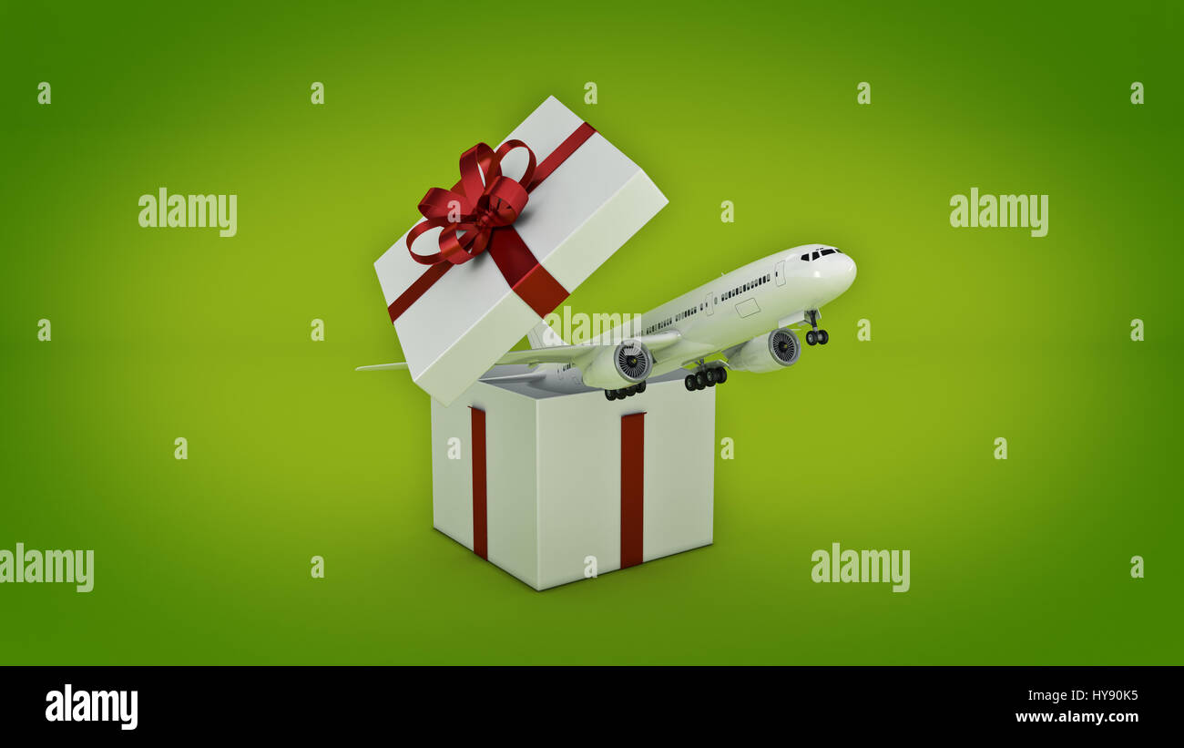 Airplane. Gift box concept. 3D rendering Stock Photo - Alamy