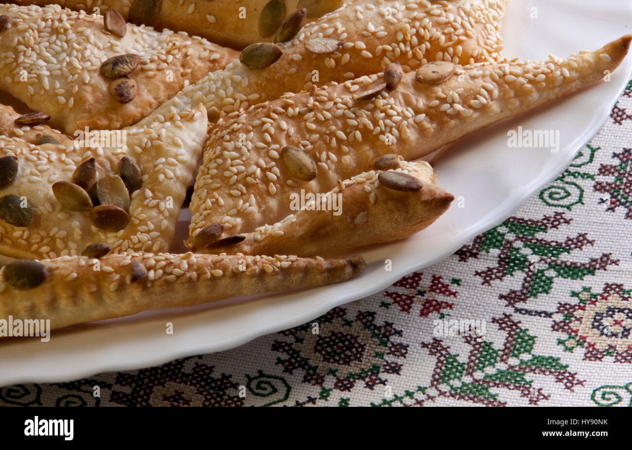 flaky puff pastry Sprinkle Seeds pumpkin, sesame seeds Macro shot Stock ...