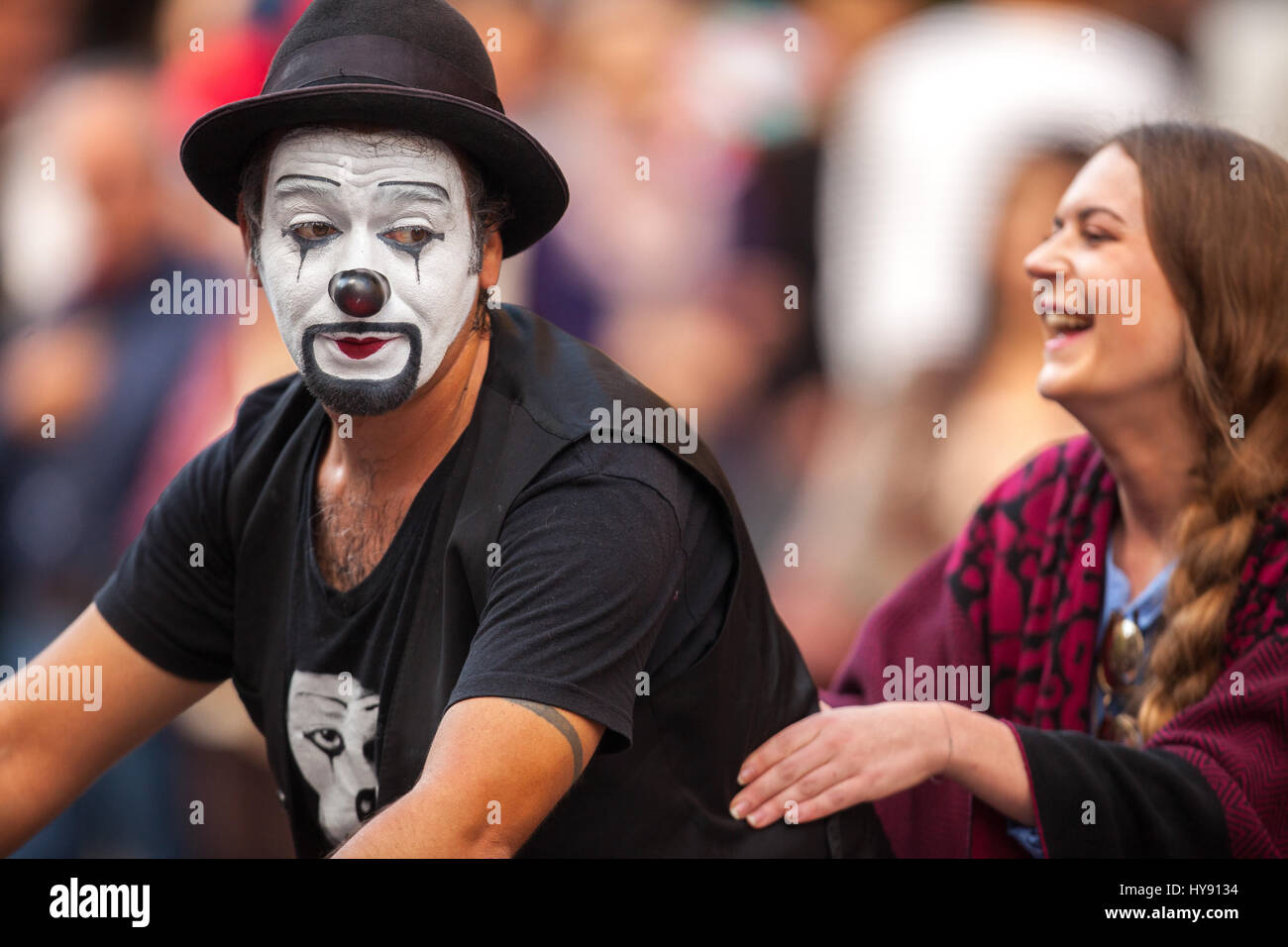 A mime artist do their act on the street, out side Teatro Juarez in ...