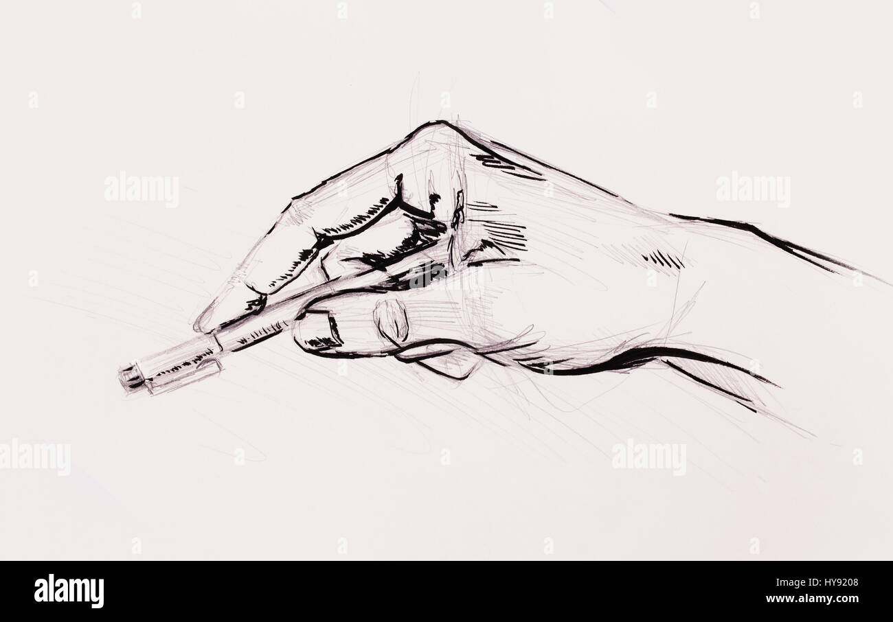 sketch of hand holding pen, on white paper background Stock Photo - Alamy