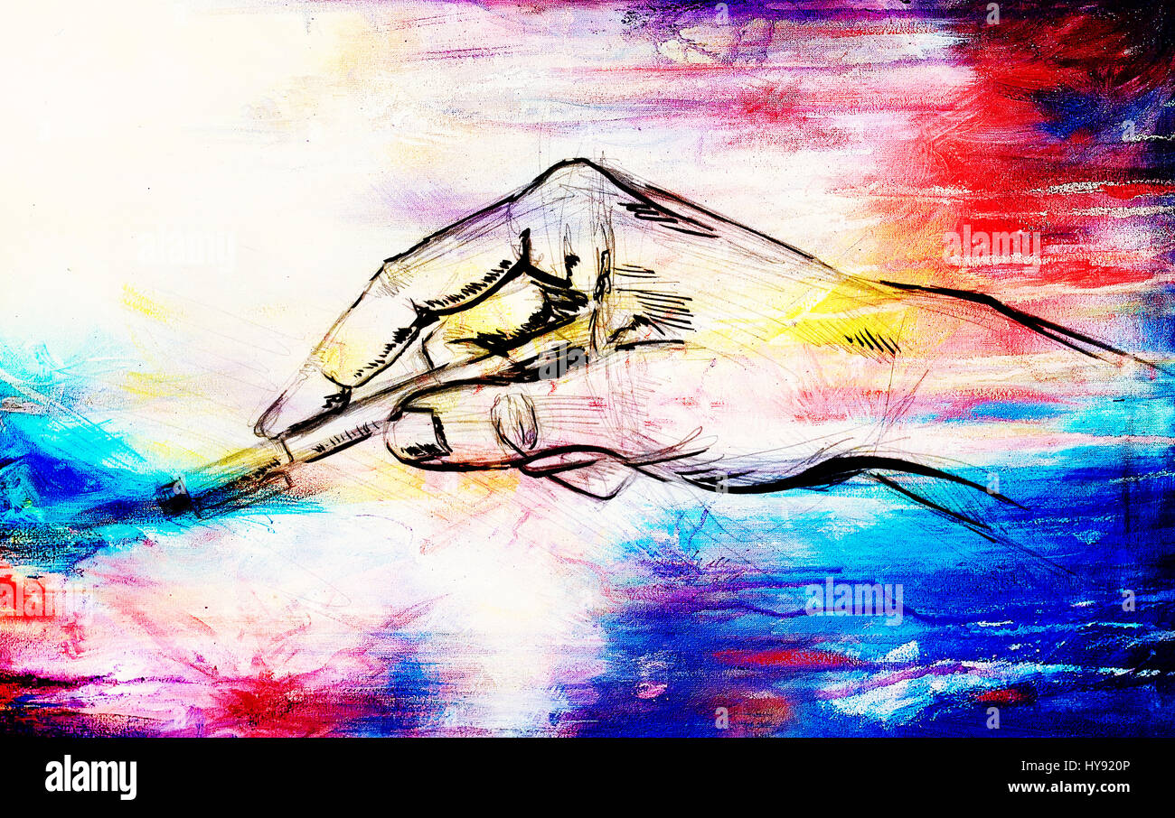 sketch of hand holding pen, on abstract structured background Stock ...