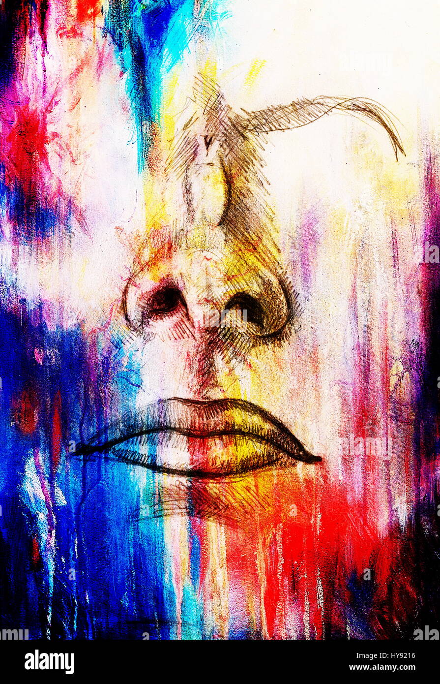 artistic sketch of face parts, nose and mouth, on colorful structured ...