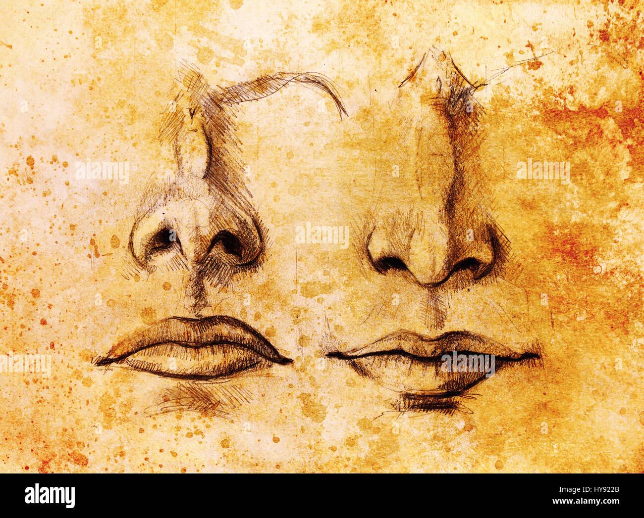 artistic sketch of face parts, nose and mouth, on colorful structured ...