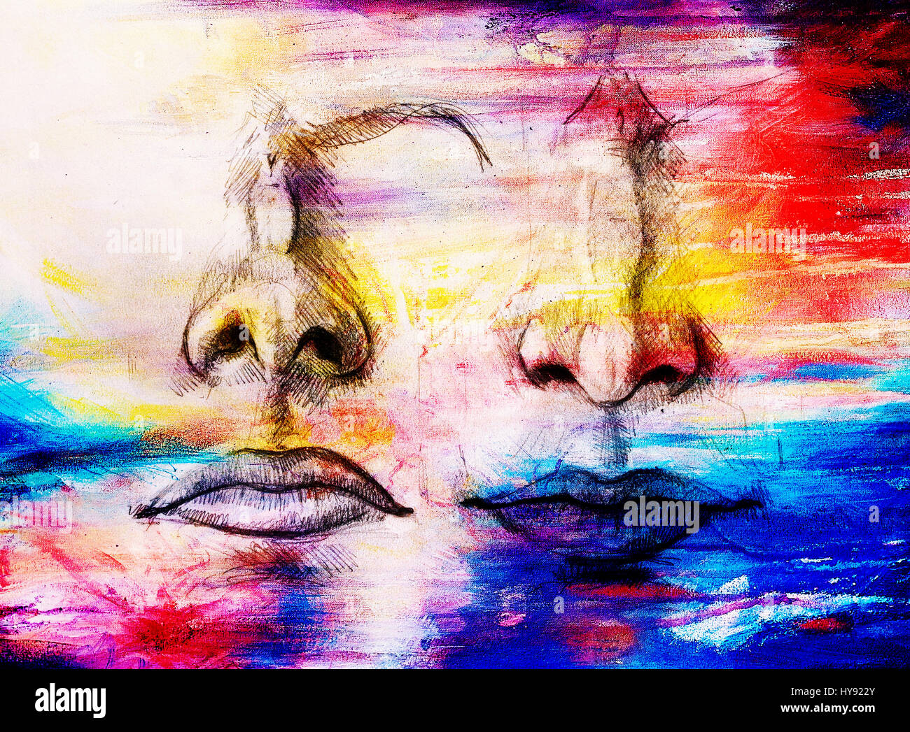 artistic sketch of face parts, nose and mouth, on colorful structured ...