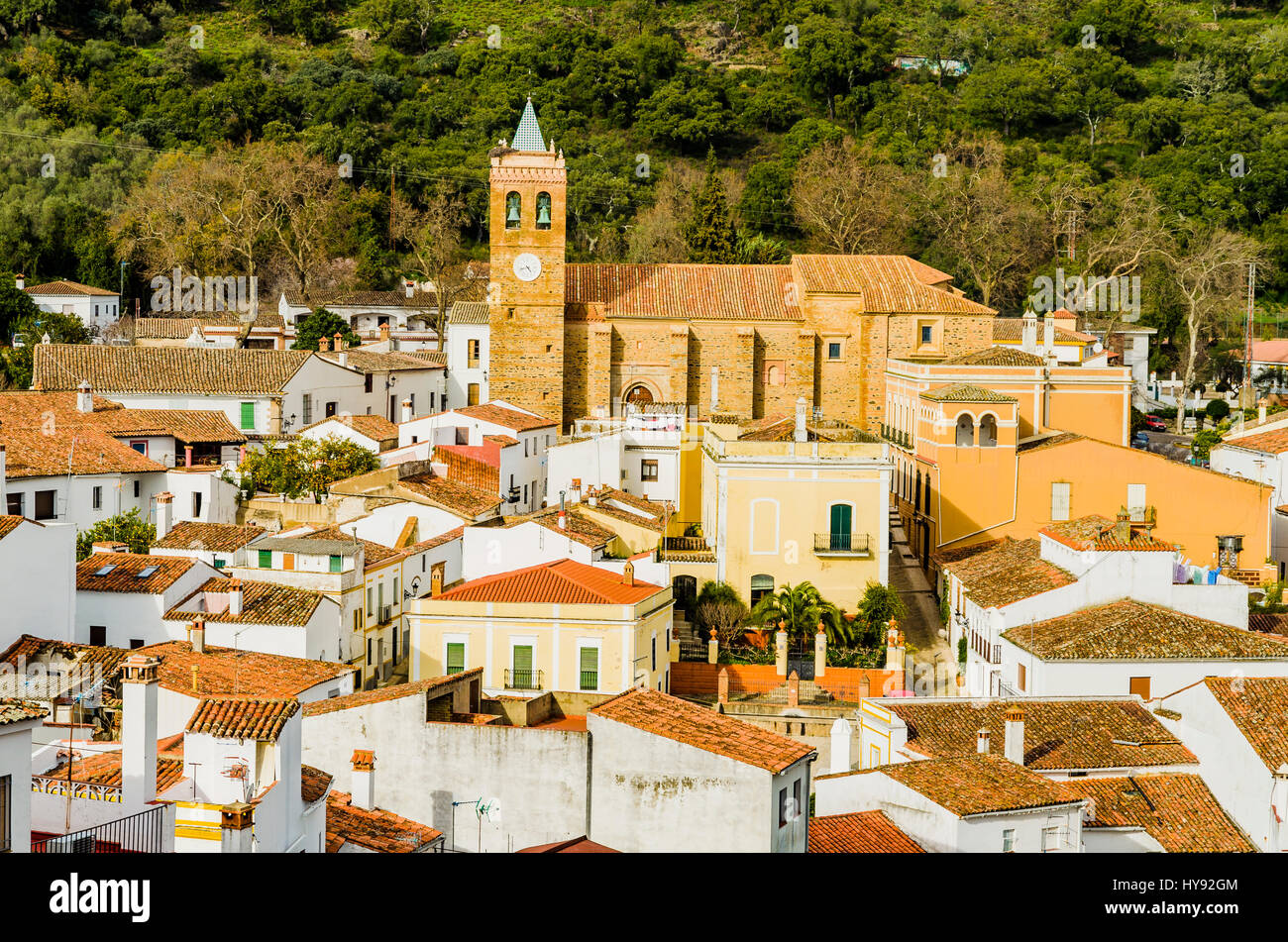 Almonaster la Real seen from above, with the Church of St. Matin ...