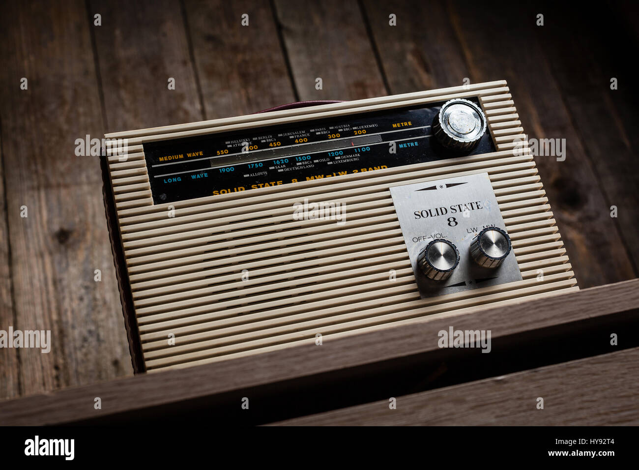 Old vintage radio on a wooden background Stock Photo - Alamy