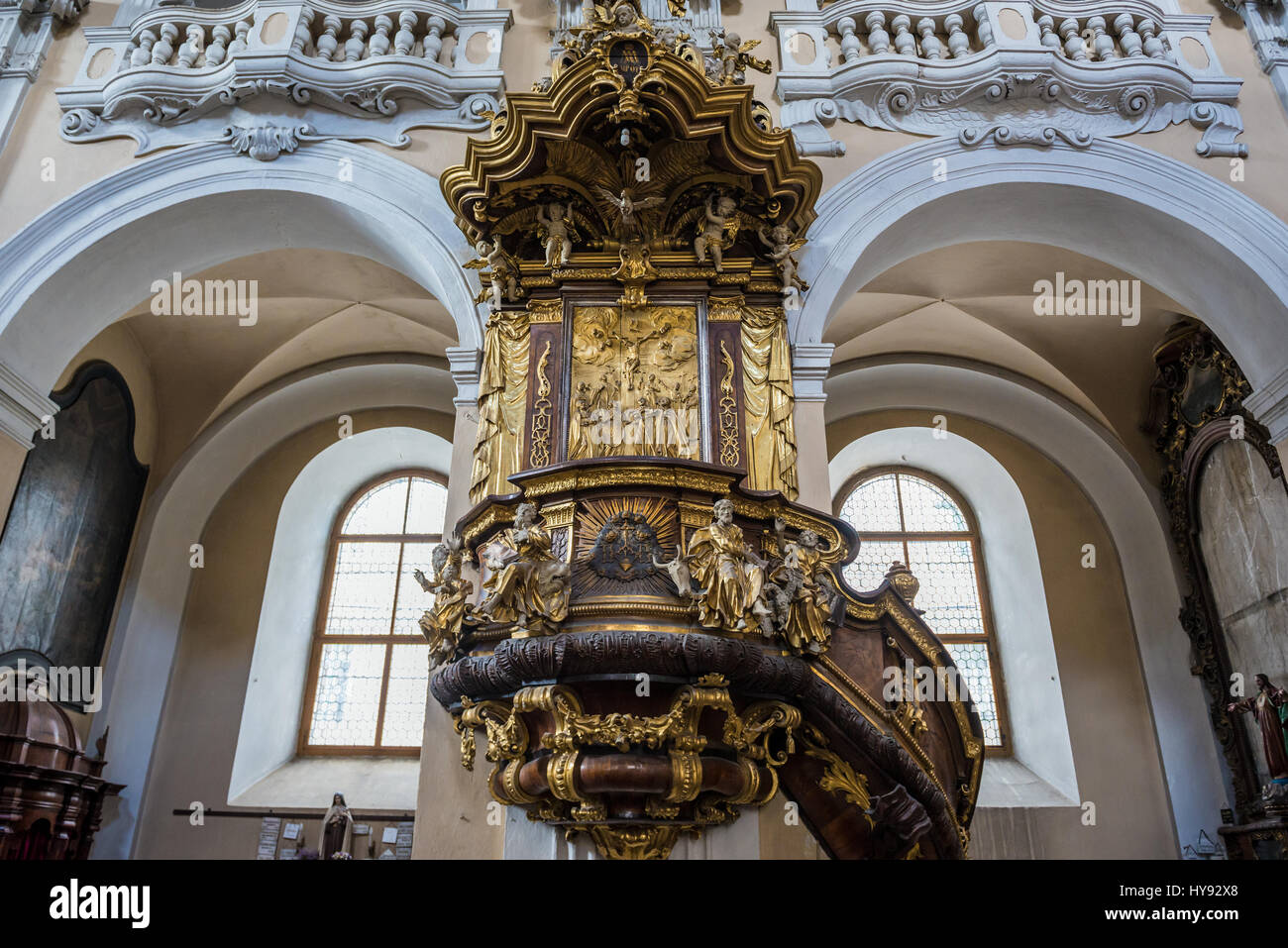 Wooden pulpit in Roman Catholic Piarist Church of Holy Trinity (also ...