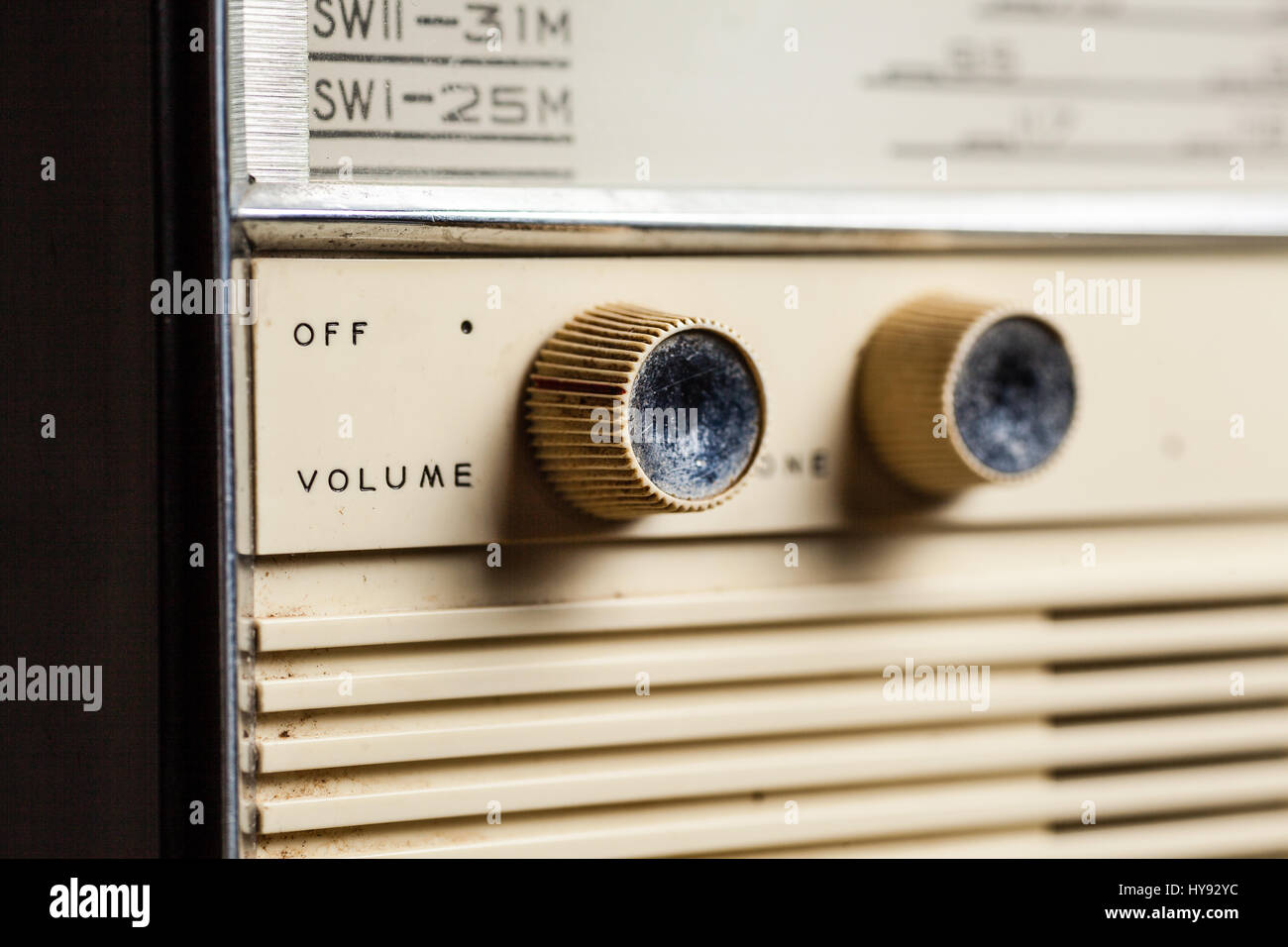 Old vintage radio on a wooden background Stock Photo - Alamy