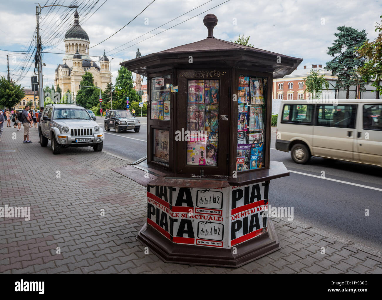 Small rounded newspaper kiosk in Cluj Napoca, second most populous city ...
