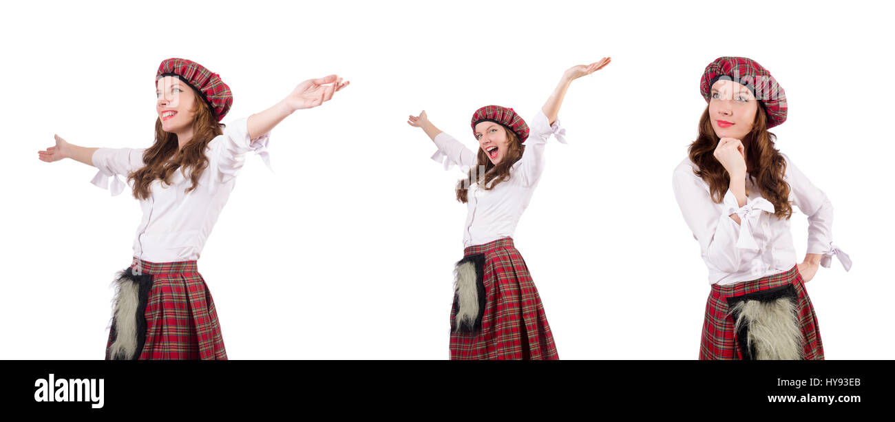Pretty girl in plaid red clothing isolated on white Stock Photo - Alamy