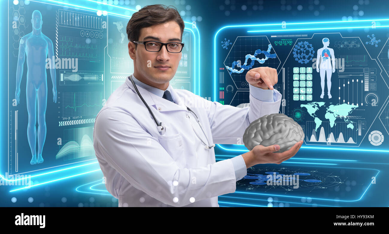Male doctor with the brain in medical concept Stock Photo - Alamy