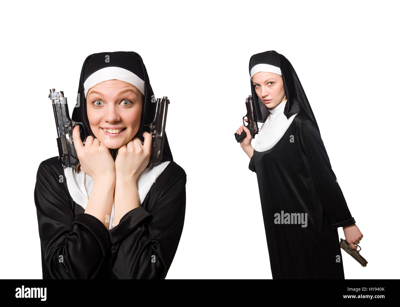 Nun with gun isolated on white Stock Photo - Alamy